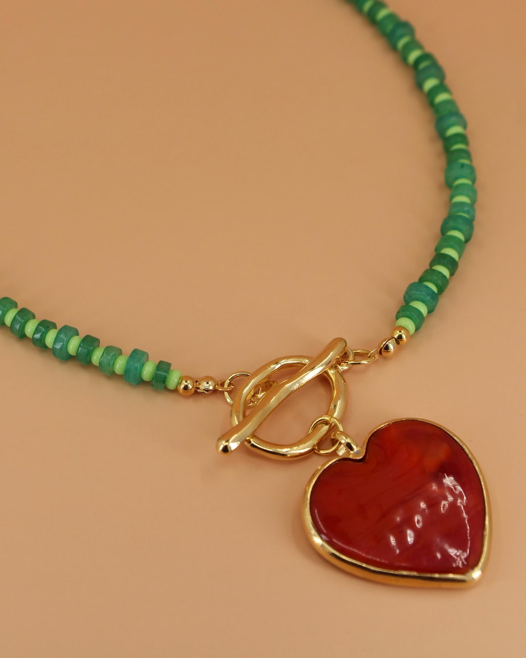 The Cleo Necklace Beaded Necklace Heart Charm Toggle Gold Clasp - Etsy