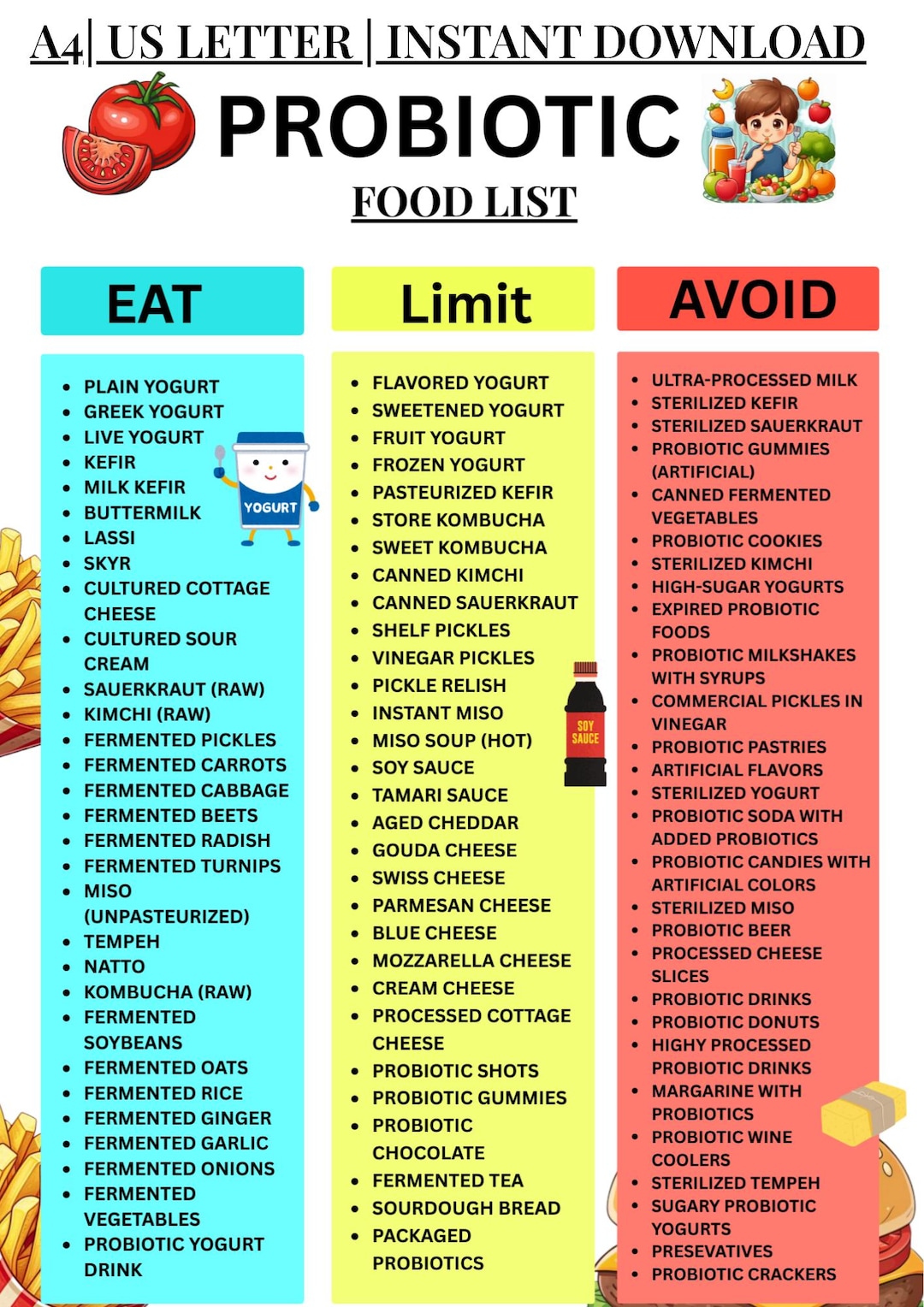 Probiotic Food List Printable, Fermented Foods PDF, Probiotic Diet ...