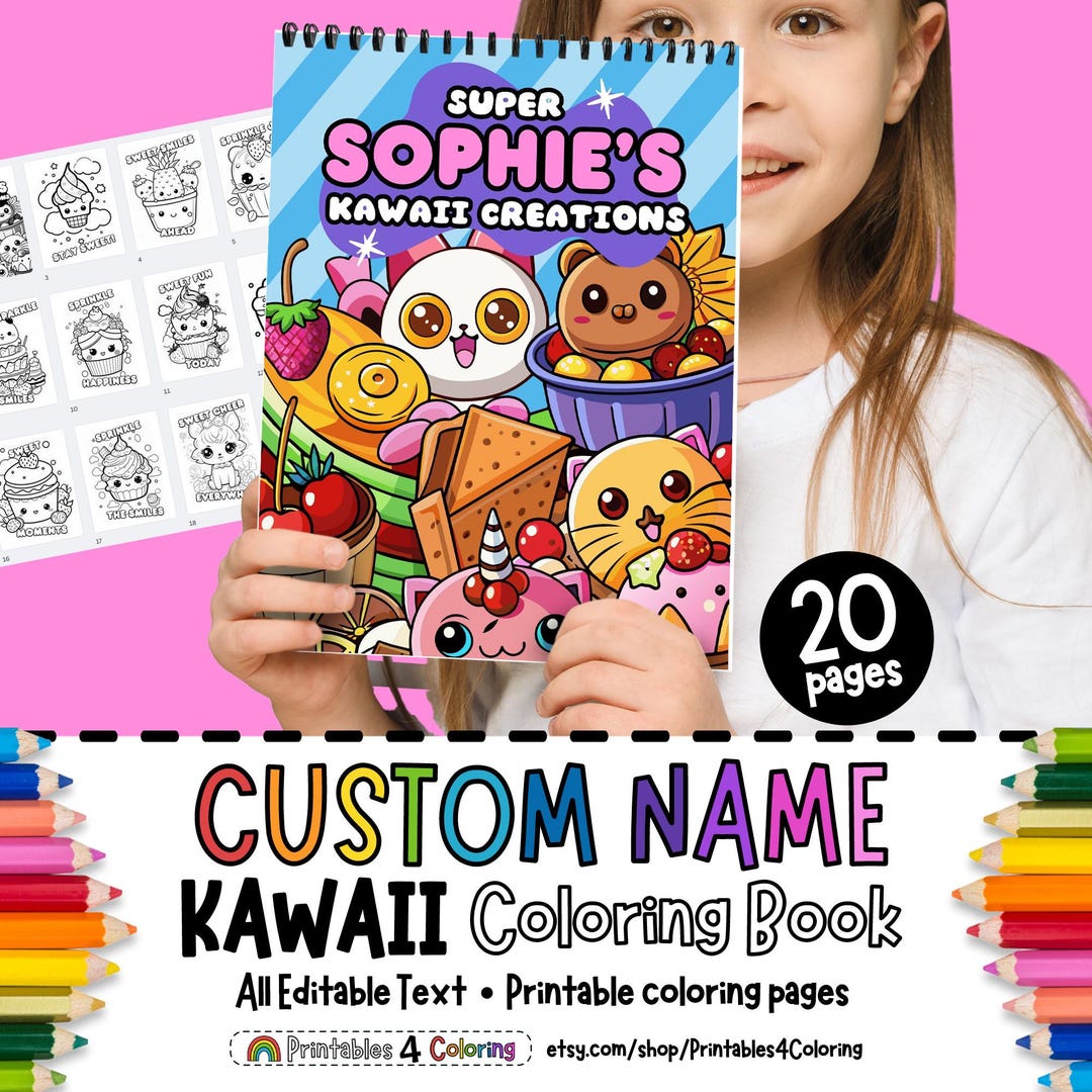 Custom Name Kawaii Coloring Book, Editable Canva Pages (digital ...