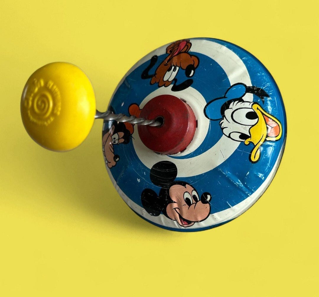 Lata vintage 1973 J. Chein Disney Push Down Spinning Top Mickey Mouse ...