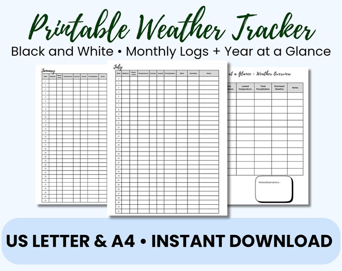 Daily Weather Tracker Chart Printable | New Year Weather Graph Weekly ...