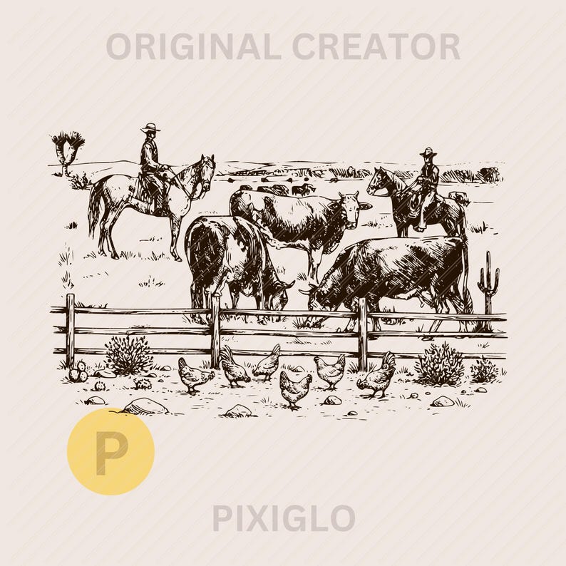 Cowboy PNG, SVG Chicken Vintage Line Art * Rodeo Digital Art Download ...