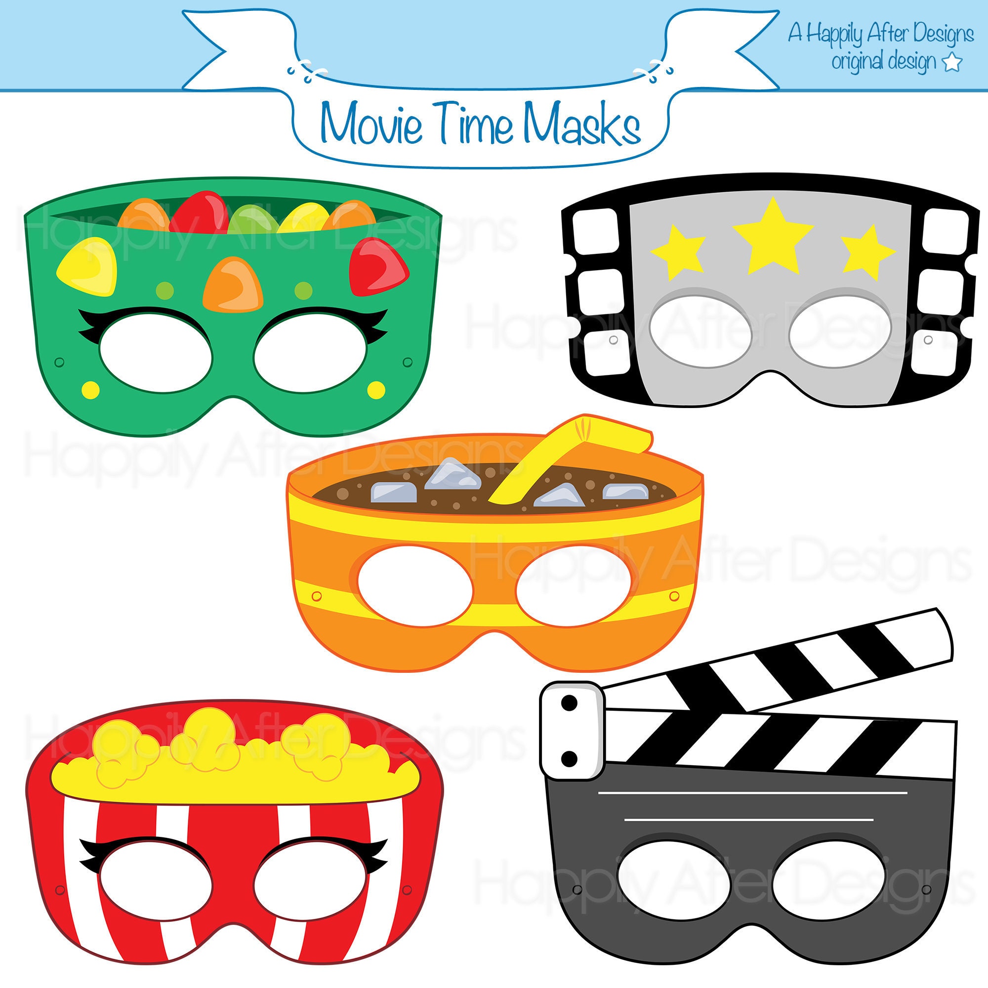 Movie Time Printable Masks, Popcorn Mask, Candy Mask, Soda, Movie ...