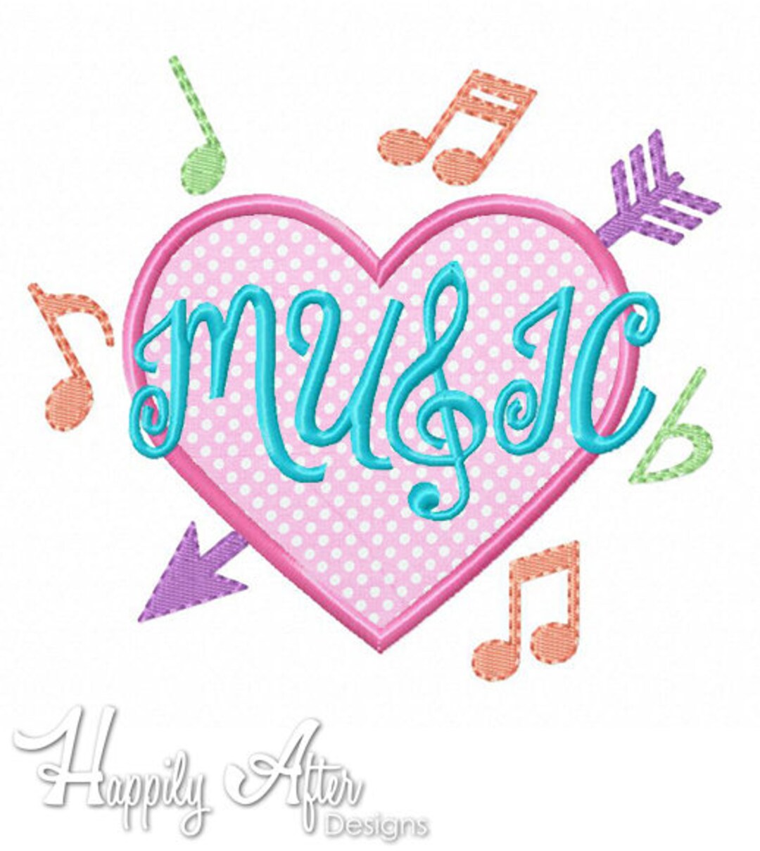 Love Music Applique Embroidery Design, Heart Applique, Music Applique ...