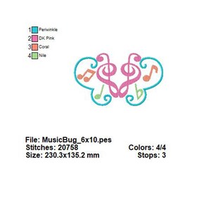 Music Bug Fill Stitch Embroidery Design, Butterfly Embroidery, Music ...