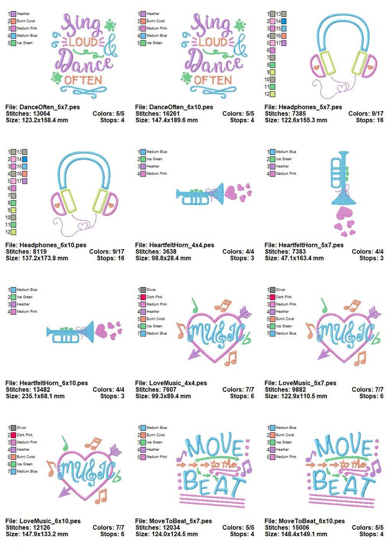 Music Dance Party Embroidery Design Set, Music Embroidery, Dance ...