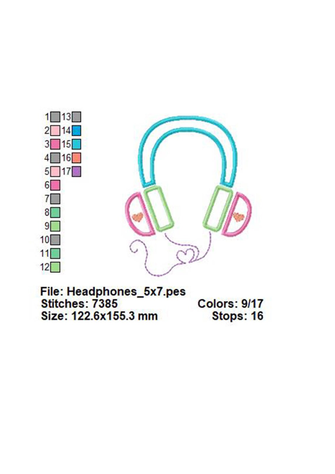 Headphones Applique Embroidery Design, Head Phone Applique, Music ...