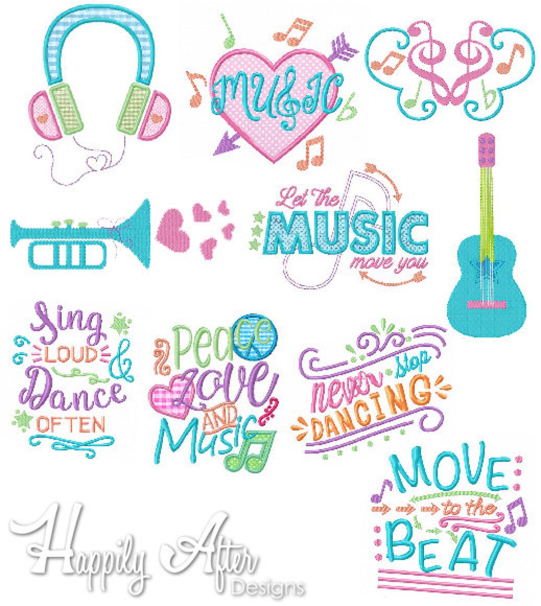 Music Dance Party Embroidery Design Set, Music Embroidery, Dance ...