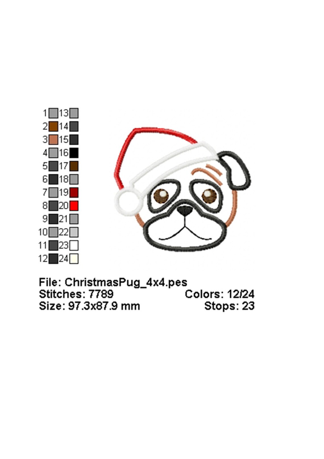 Christmas Pug Applique Embroidery Design, Christmas Applique, Holiday ...