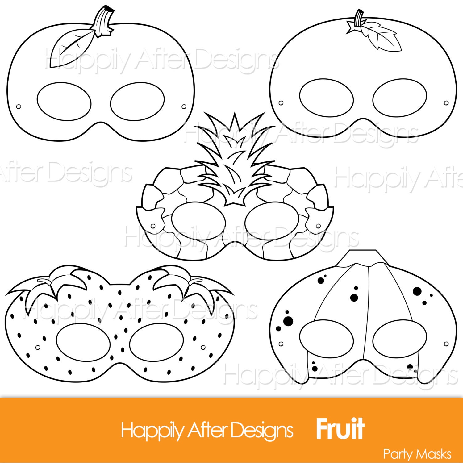 Fruits Printable Coloring Masks, Strawberry Mask, Banana Mask, Orange ...