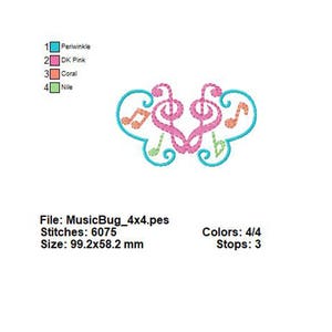 Music Bug Fill Stitch Embroidery Design, Butterfly Embroidery, Music ...