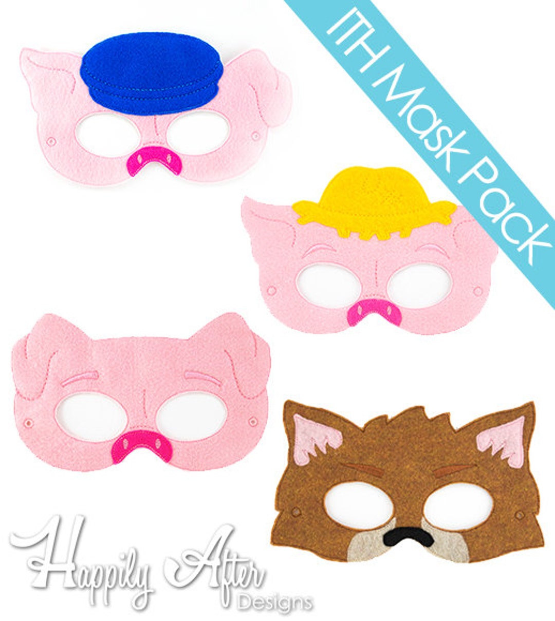 Three Little Pigs Mask Embroidery Design Pack, Pig Mask, Wolf, Machine ...