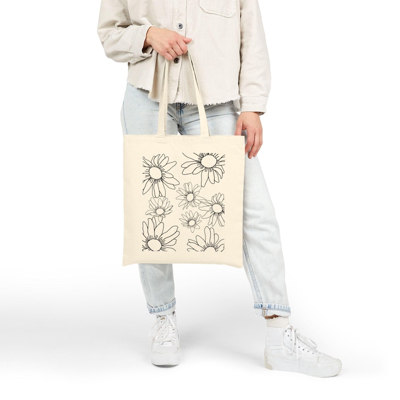 Customizable Daisy Print Cotton Canvas Tote Bag, Natural Weave Bag ...