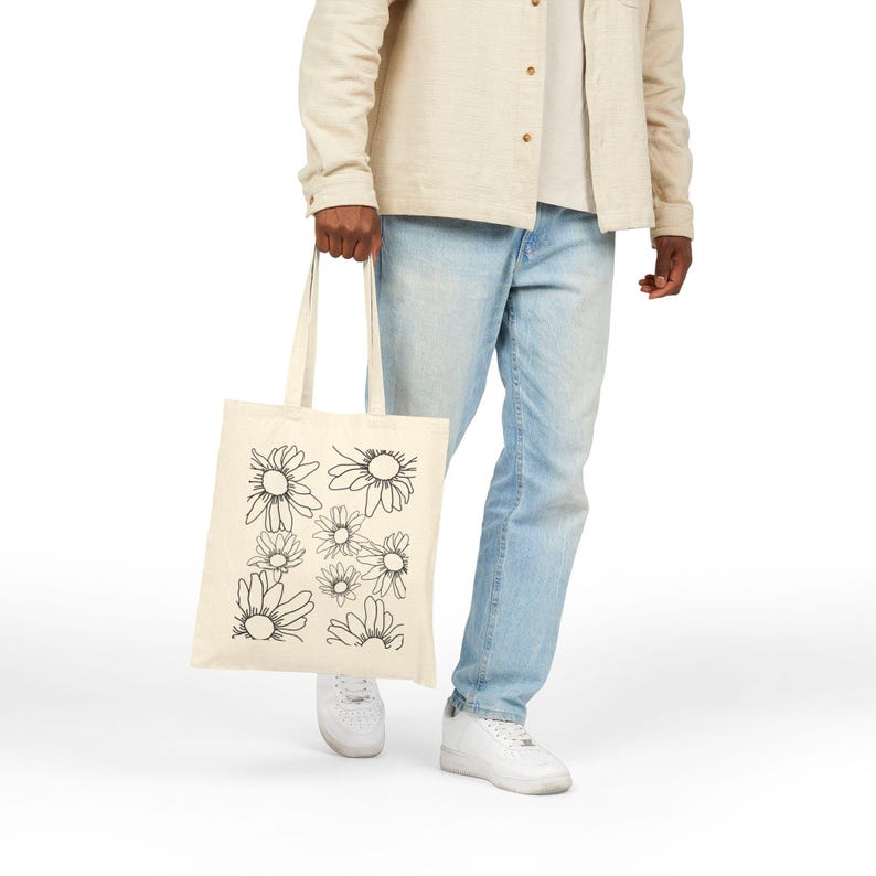 Customizable Daisy Print Cotton Canvas Tote Bag, Natural Weave Bag ...