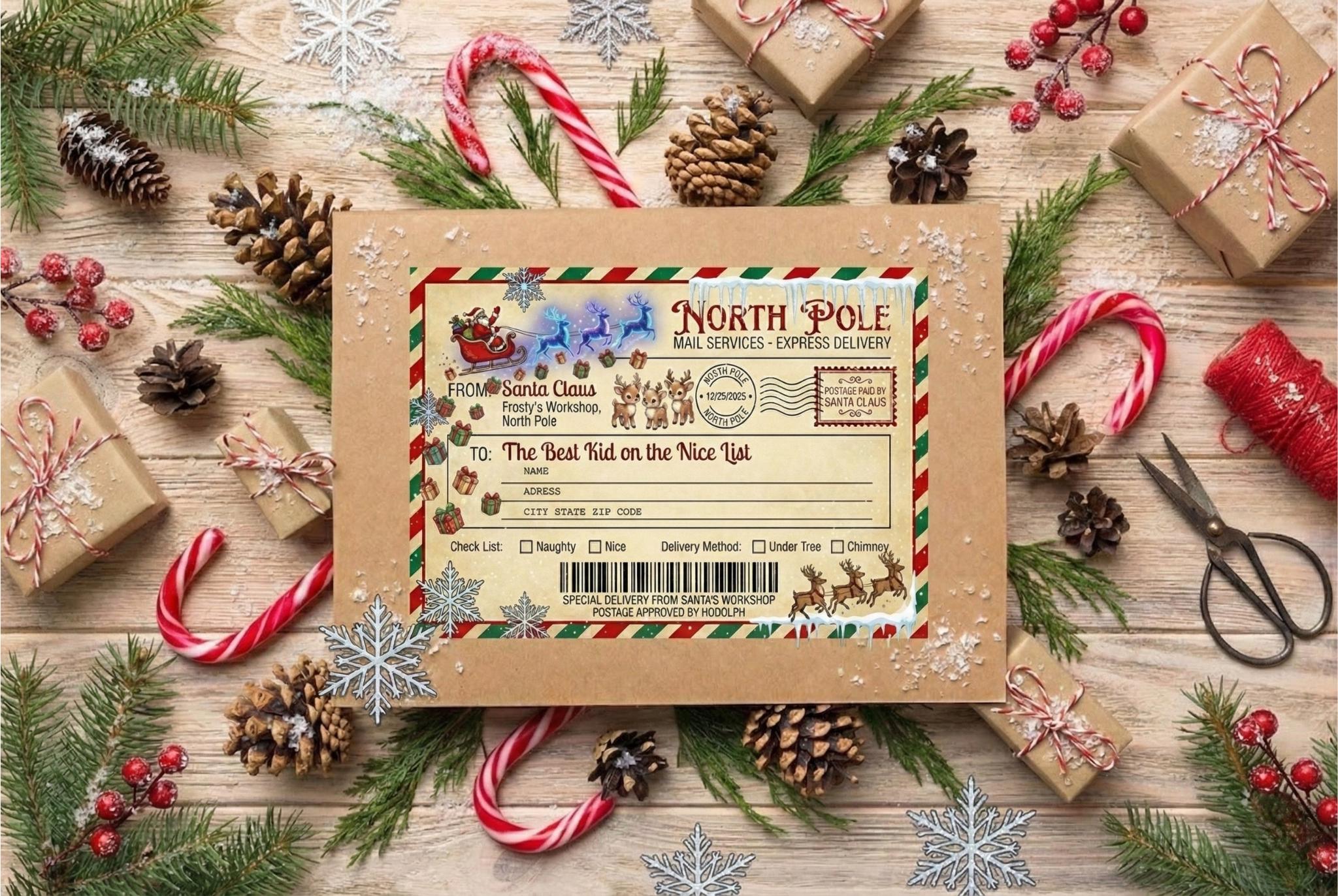 Editable North Pole Air Mail Label, Snowflake Santa Sticker, Special ...