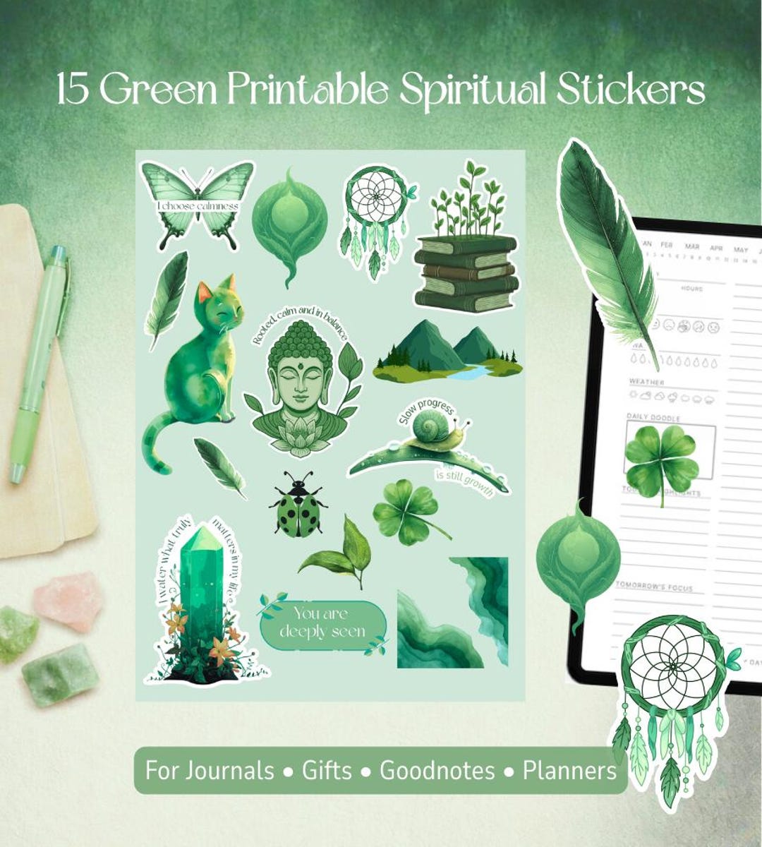 Green Journaling Stickers | Printable Affirmation Stickers + PNG for ...