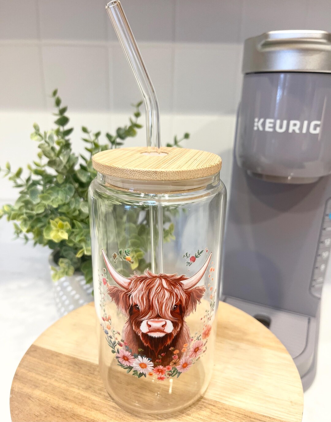 Highland Cow Glass Cup, Flowers, Bamboo Lid & Straw, 16 Oz, Gift Giving ...