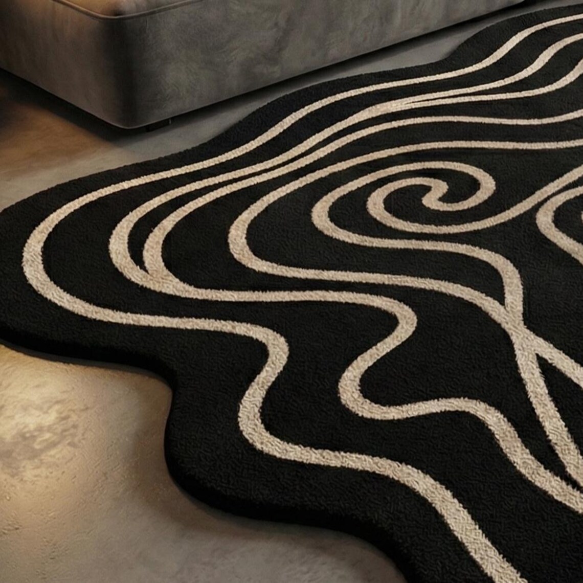 Handmade Wool Tufted Area Rug, Black Swirl Pattern, Freeform Design - Etsy