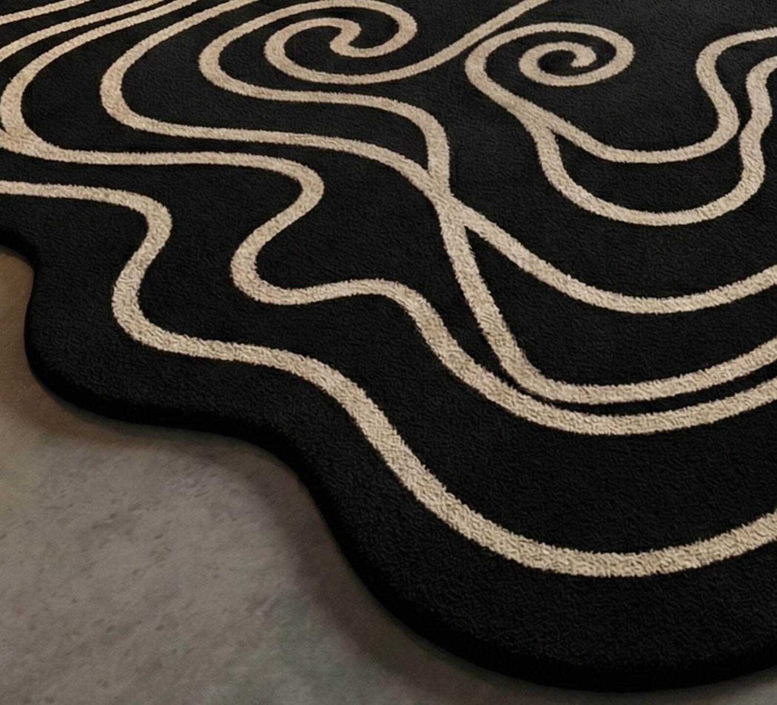 Handmade Wool Tufted Area Rug, Black Swirl Pattern, Freeform Design - Etsy
