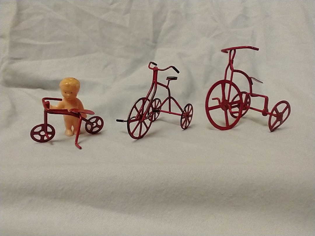 Vintage Miniature Red Metal Trikes and Bikes and a Plastic Baby Doll ...