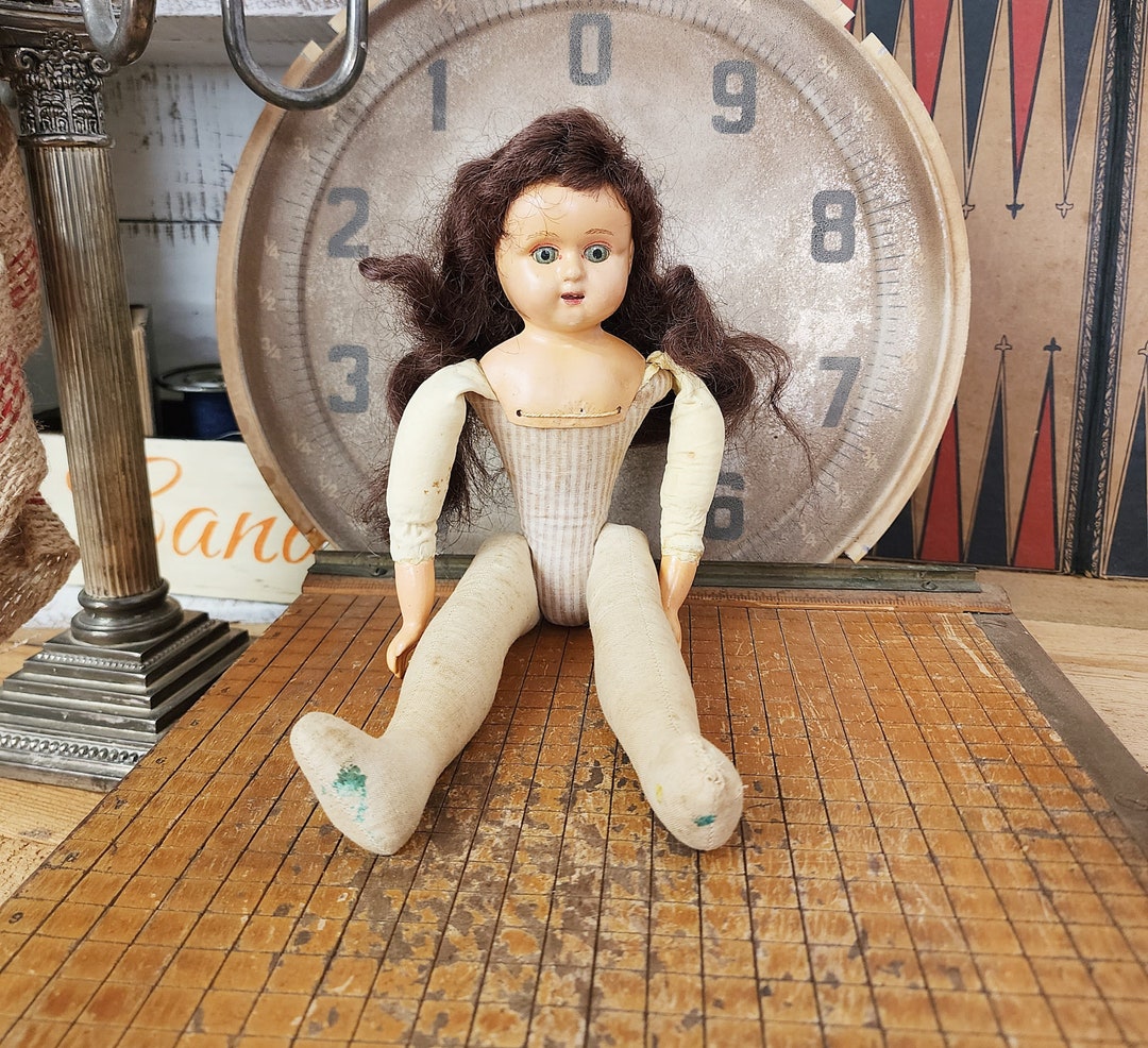 Vintage Germany Doll, Tin Headbust, Sawdust Stuffed German Doll, 14 ...