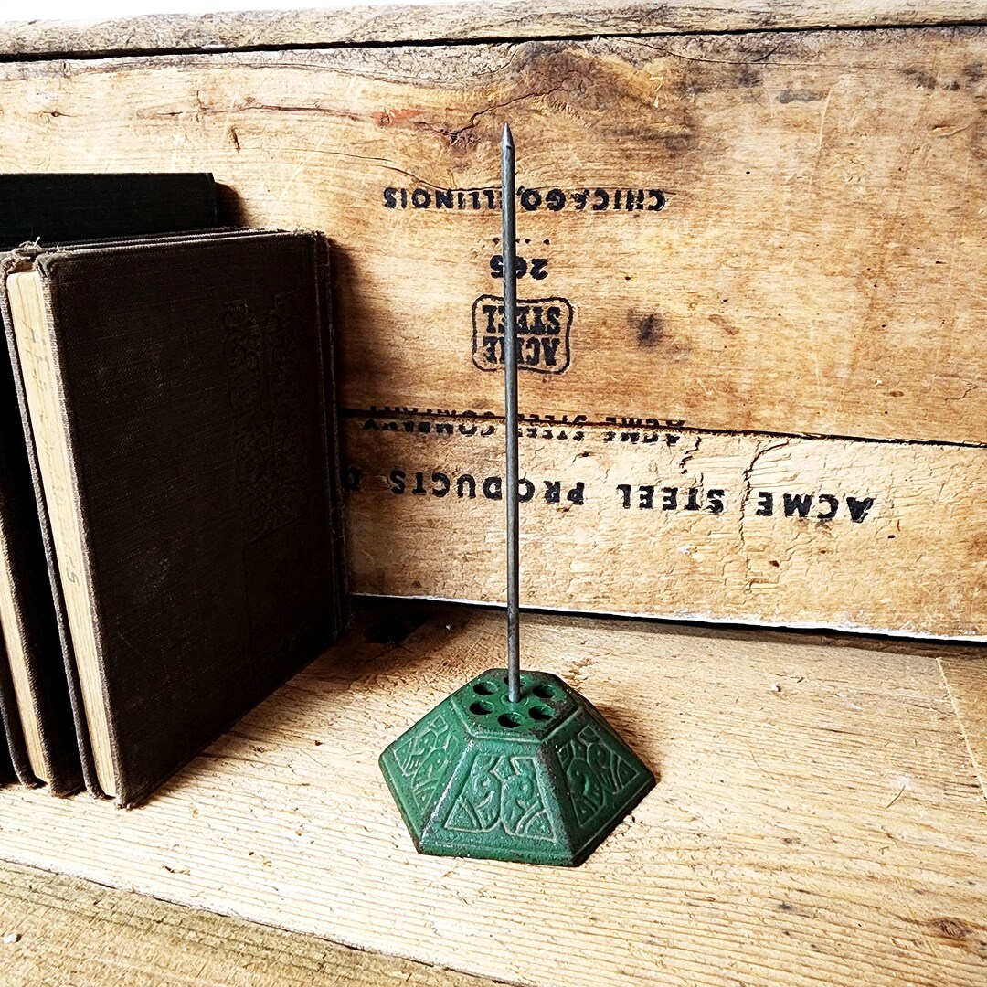 Vintage Metal Receipt Holder, Cast Metal Green Base, 7 Inches Tall ...