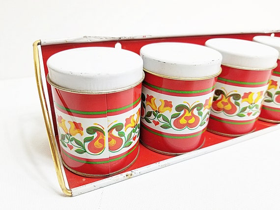 Set of Five Small Canisters Wall Decor #1246 Vintage Small Red Metal ...