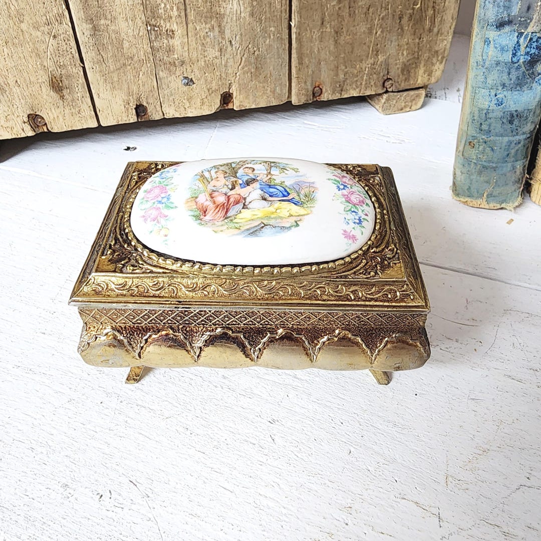 Vintage Victorian Style Metal Jewelry Box Made in Italy, Trinket Box ...