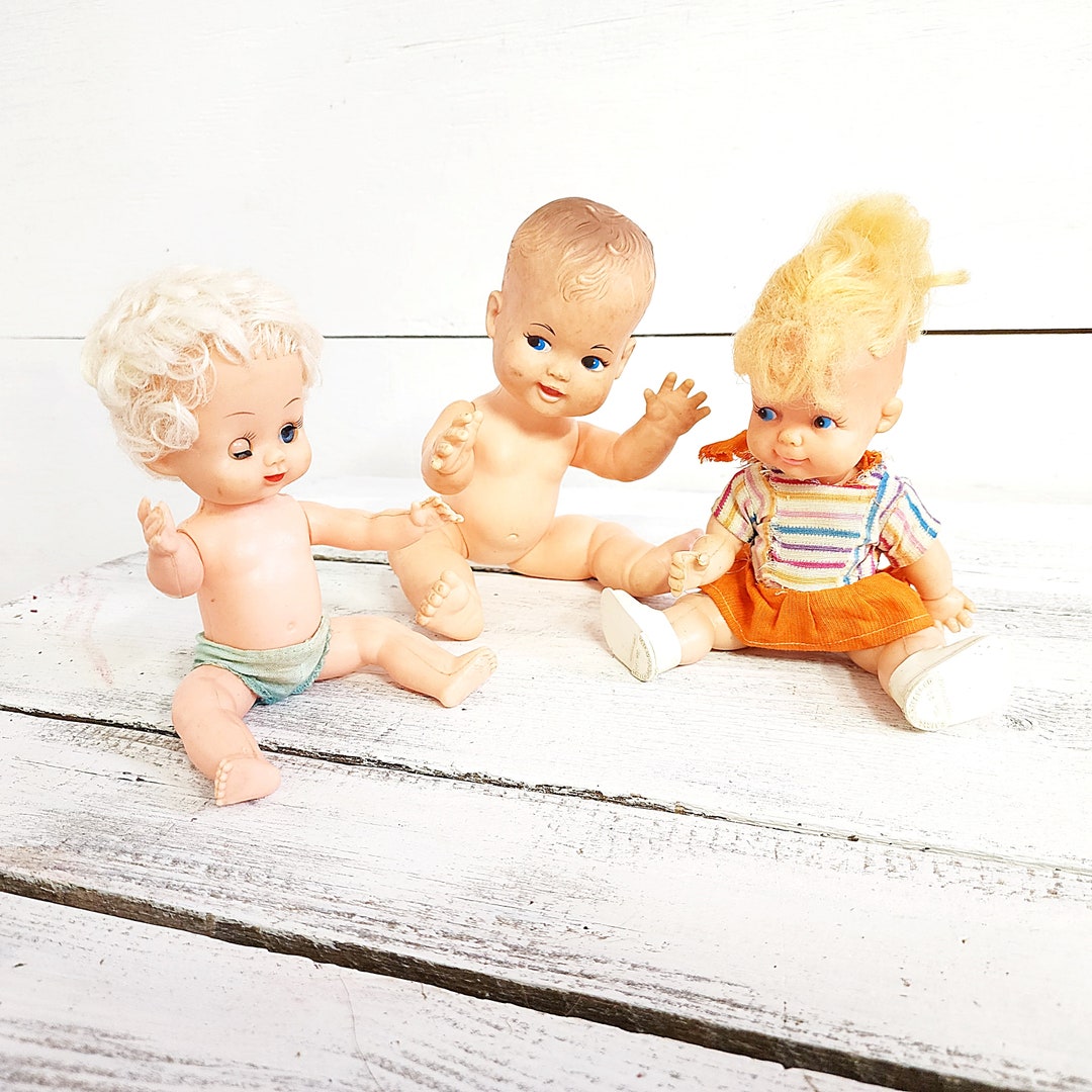 Three Vintage Plastic Dolls, Supplies, Heavily Aged Dolls, Altered Art ...