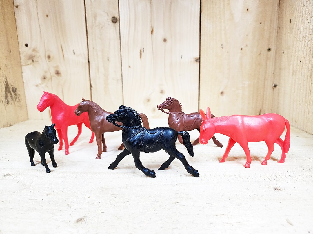 Set of Six Plastic Vintage Molded Toy Animals, Horses and One Mule, Red ...
