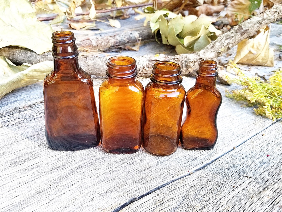 Set of Four Small Amber Colored Glass Bottles Mixed Shapes - Etsy