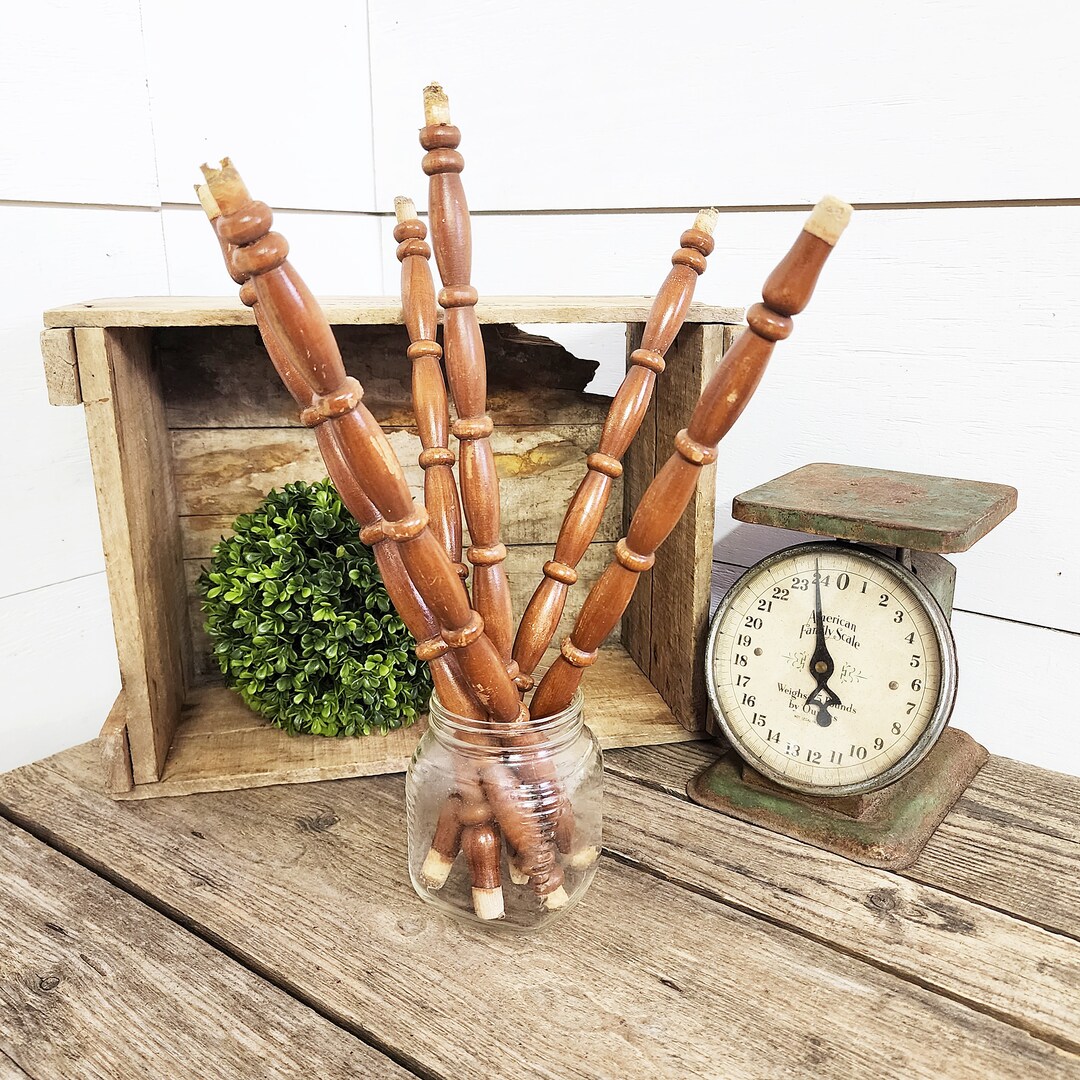 Six Salvaged Wood Spindles, Brown Finish, 17 Inches Long Total, Aged ...