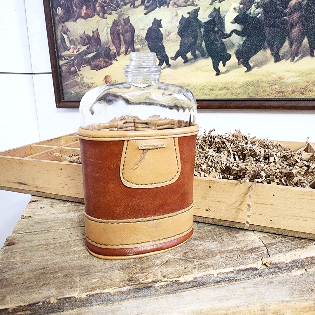 Vintage Glass Flask With Leather Holder, No Lid, Vintage Bar Room Decor ...