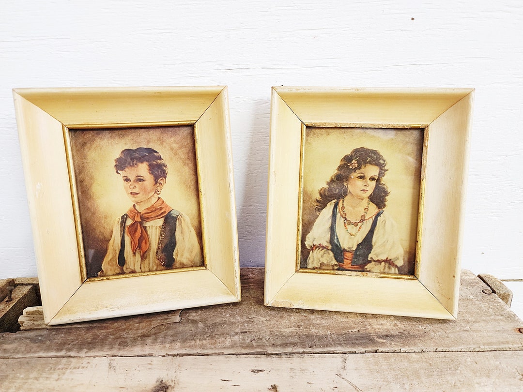 Pair of Vintage Gypsy Boy and Girl Framed Prints, Small Frames, Glass ...