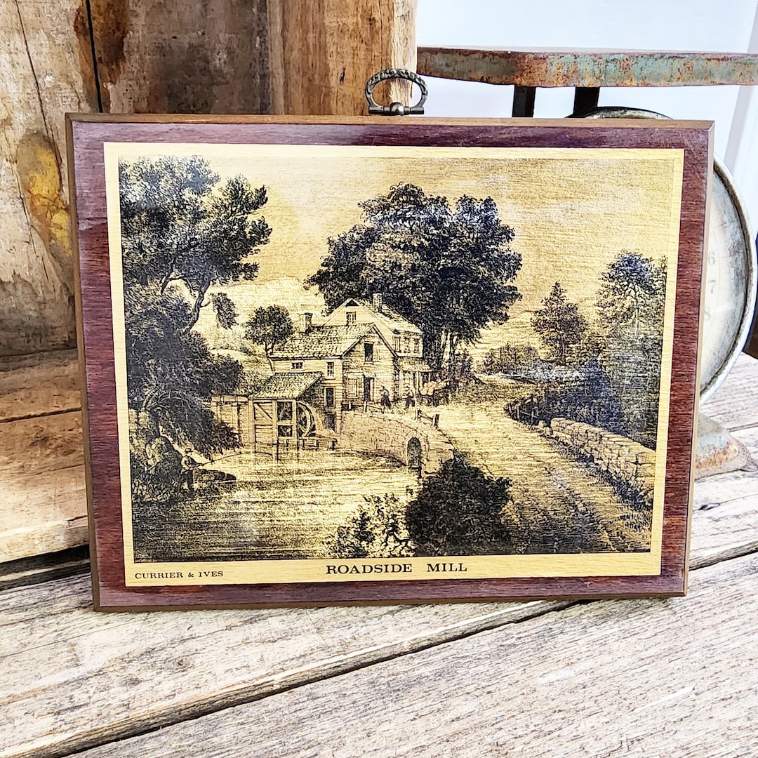 Vintage Currier and Ives Roadside Mill Foil Plaque - Gold & Black Wall ...