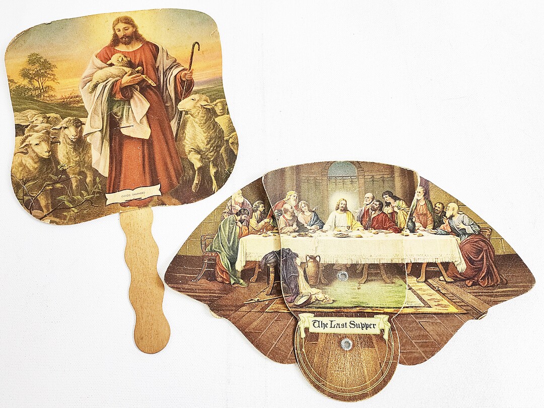 Set of Two Vintage Funeral Home Fans, One Pull Hand Fan, One Stick Hand ...