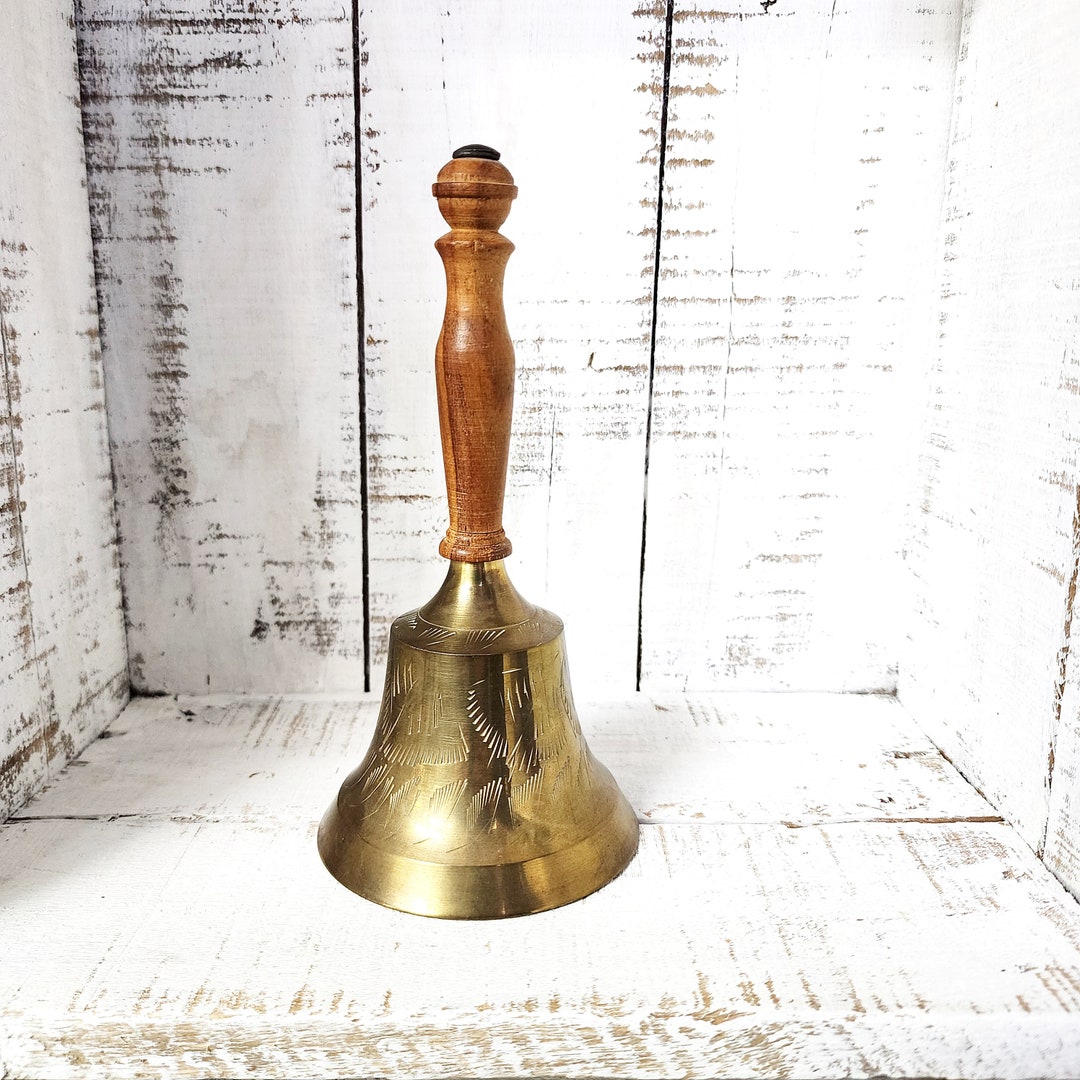 Vintage Brass Etched Bell With Wood Handle, Sarna, India, Large ...