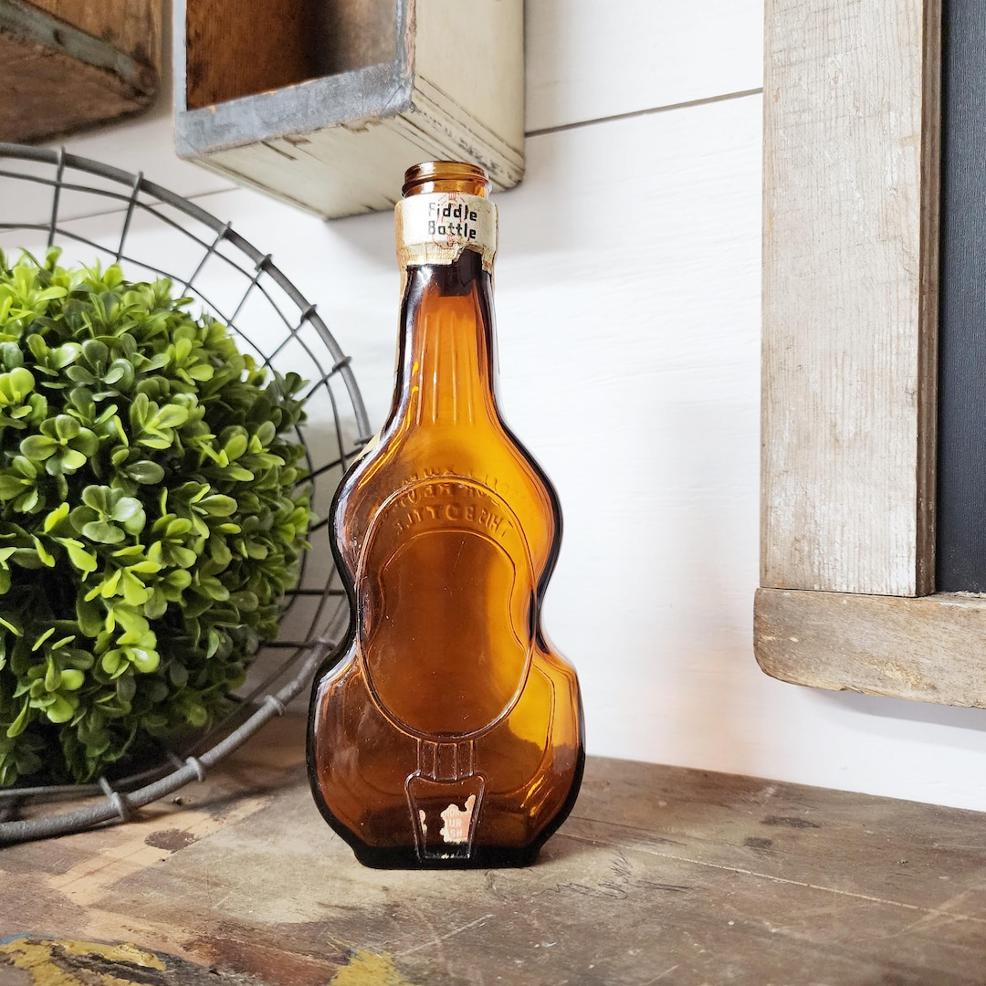 Vintage Amber Glass Fiddle-shaped Liquor Bottle, No Contents, Autumn ...