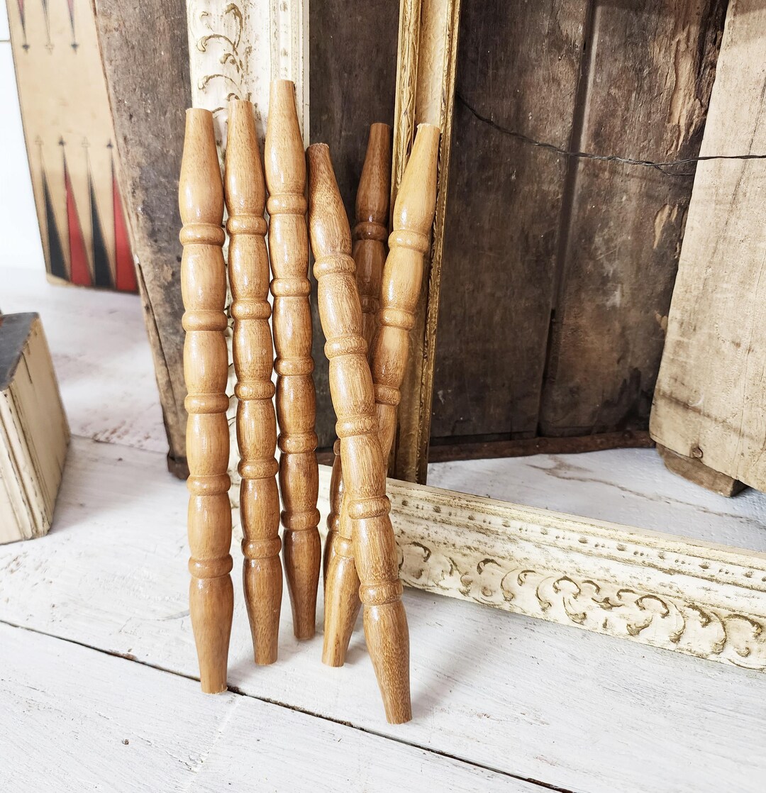 Six Salvaged Wood Spindles, 9 1/2 Long, Brown Skinny Spindles, Vintage ...