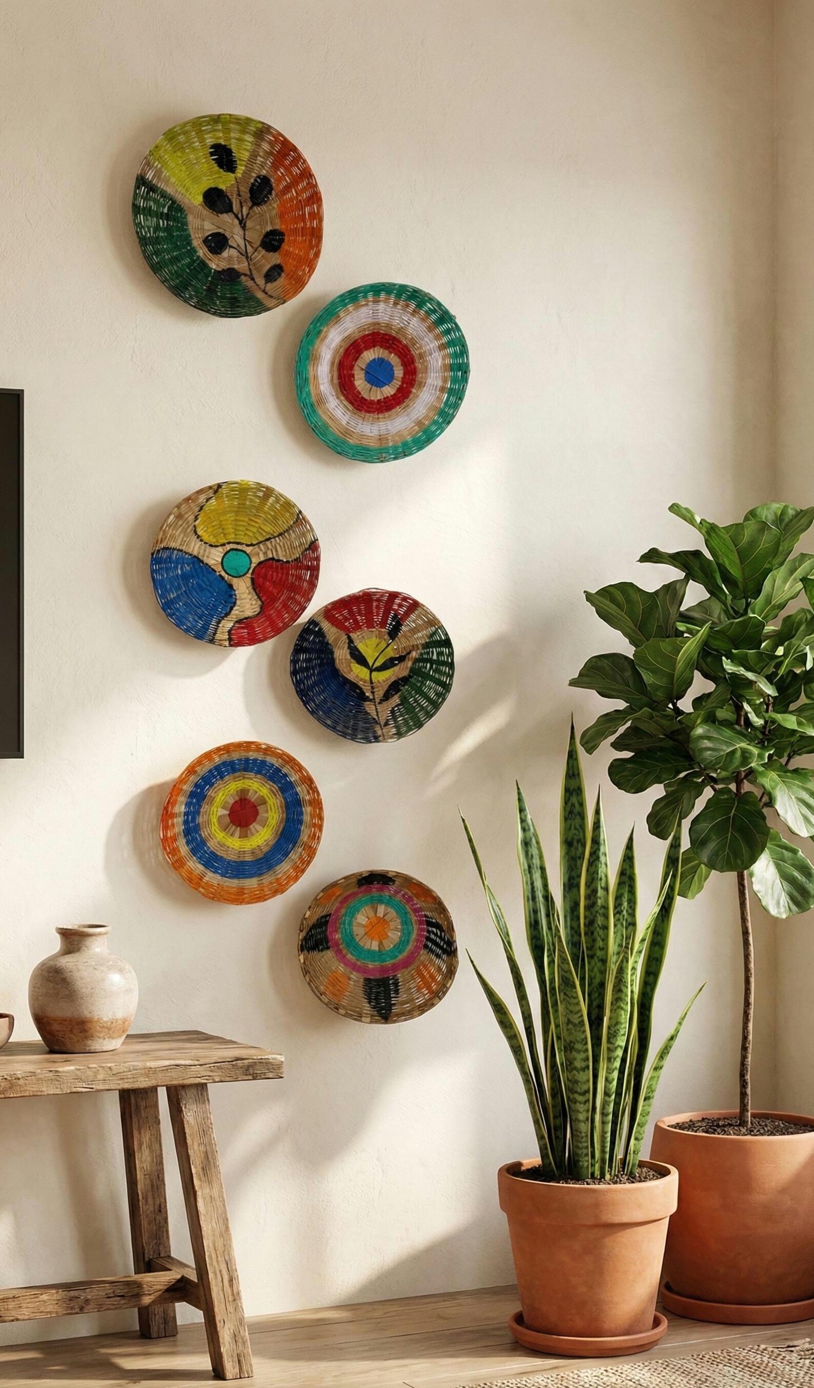 Set of 6 Handpainted Woven Wall Baskets, Approximately 7 Inches Each ...