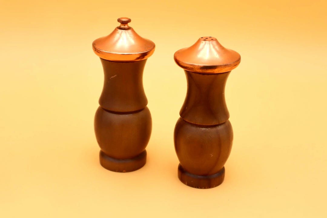Vintage Wood and Copper Salt and Pepper Shakers - Etsy