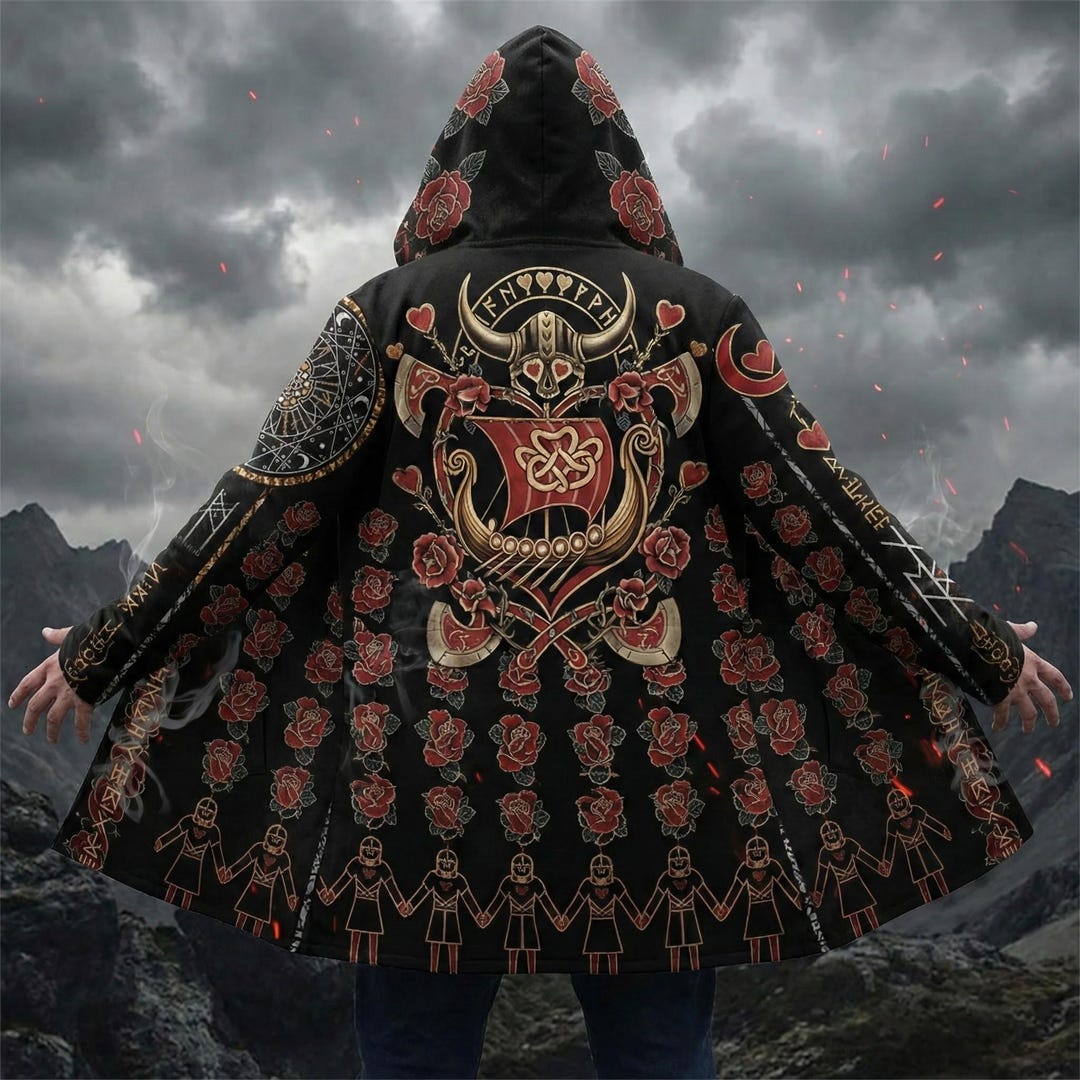Valknut and Ravens Viking Jacket, Norse Longship Hooded Cloak, Odin's ...