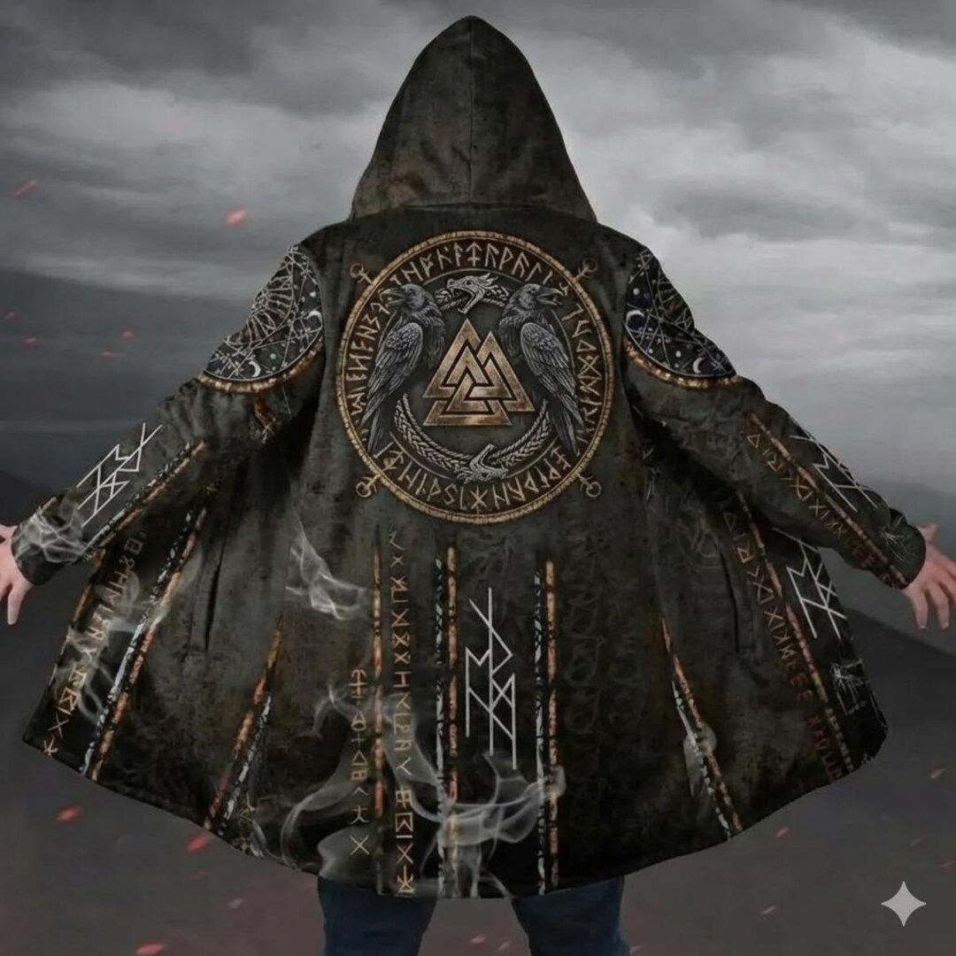 Viking Mjolnir Hammer Cloak, Odin's Ravens Huginn Muninn Hooded Cape ...