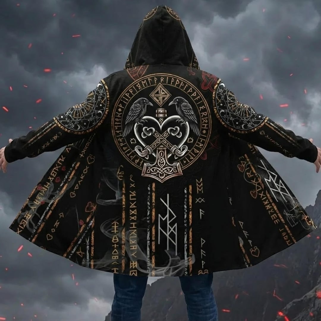 Valknut Viking Hoodie, Odin Ravens Protection Coat, Mjolnir Rune Jacket ...