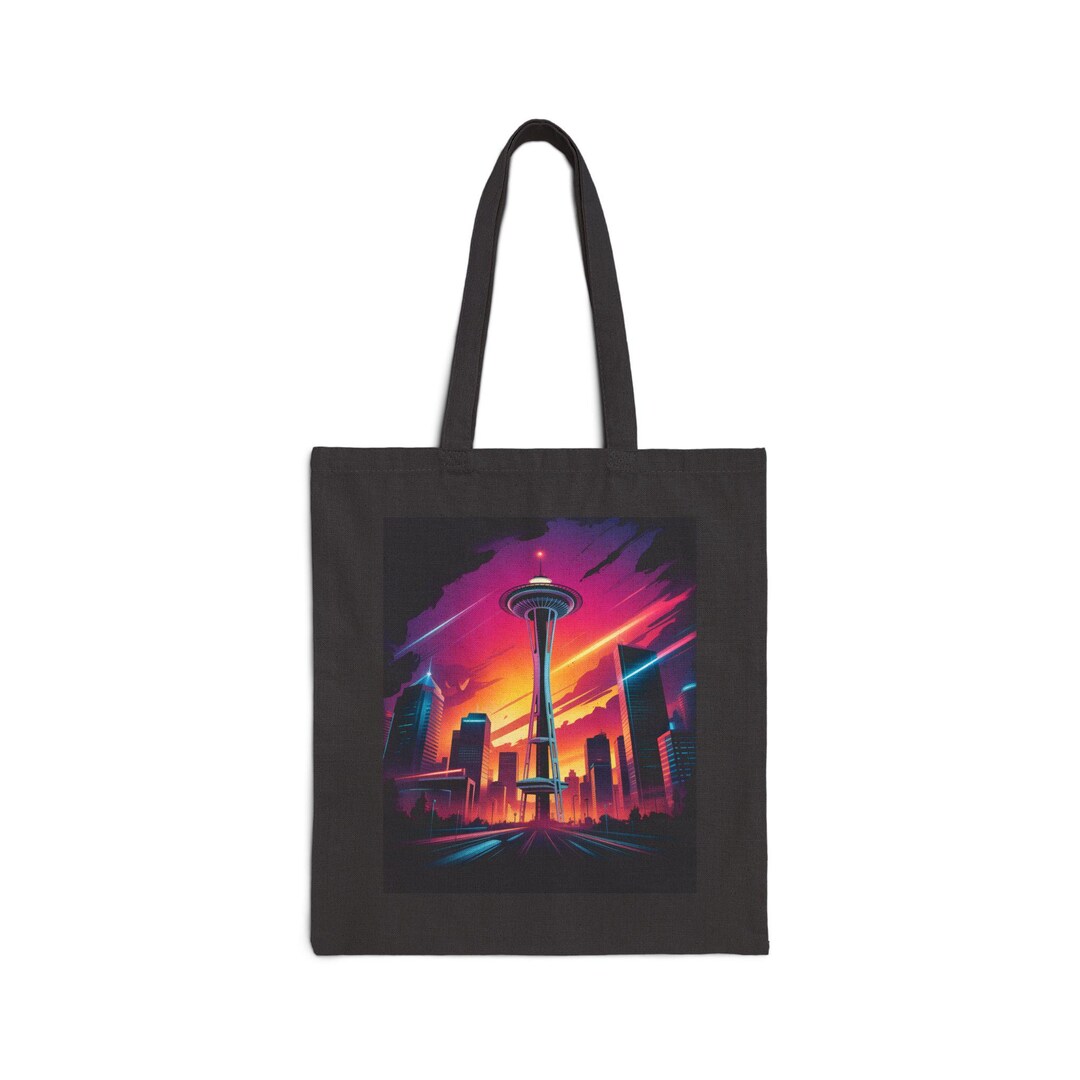 Neon Space Needle Skyline Tote Bag | Retro Sunset Cityscape - Etsy