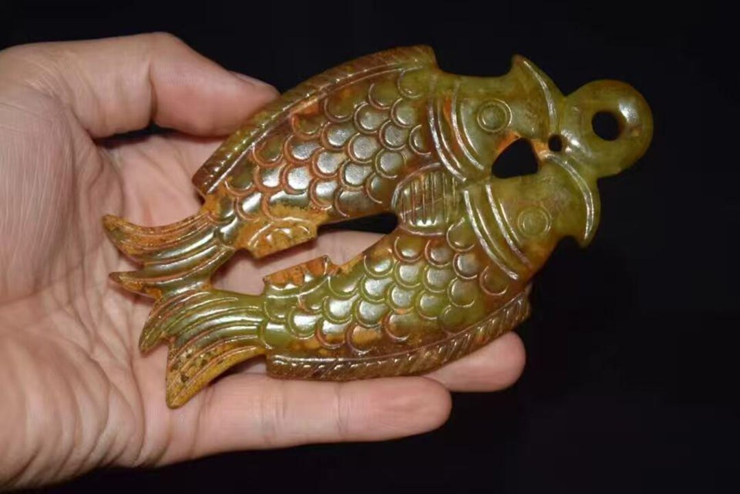 5.3"collection Chinese Antique Jade Hand Carved Inscription Double Fish ...