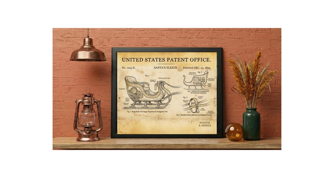 Santa’s Sleigh Patent Print Printable, Vintage Christmas Blueprint Wall ...