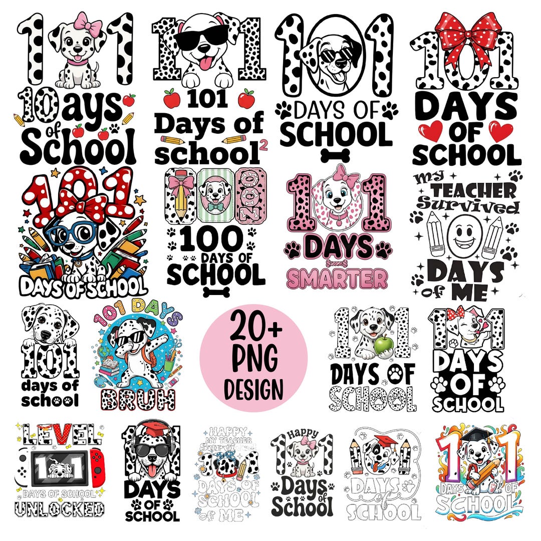 101 Days of School Dalmatian PNG Bundle, Cute Puppy School Clipart, 100 ...