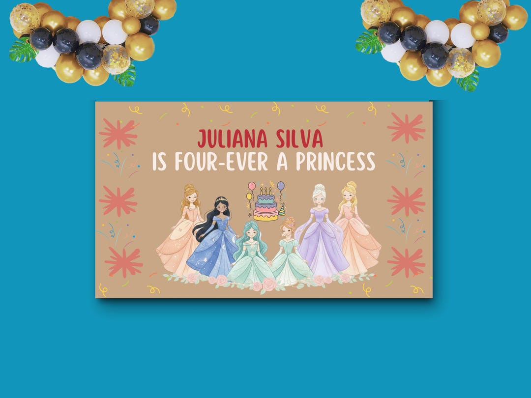 Four-ever Princess Birthday Banner, Editable Canva Template (digital ...
