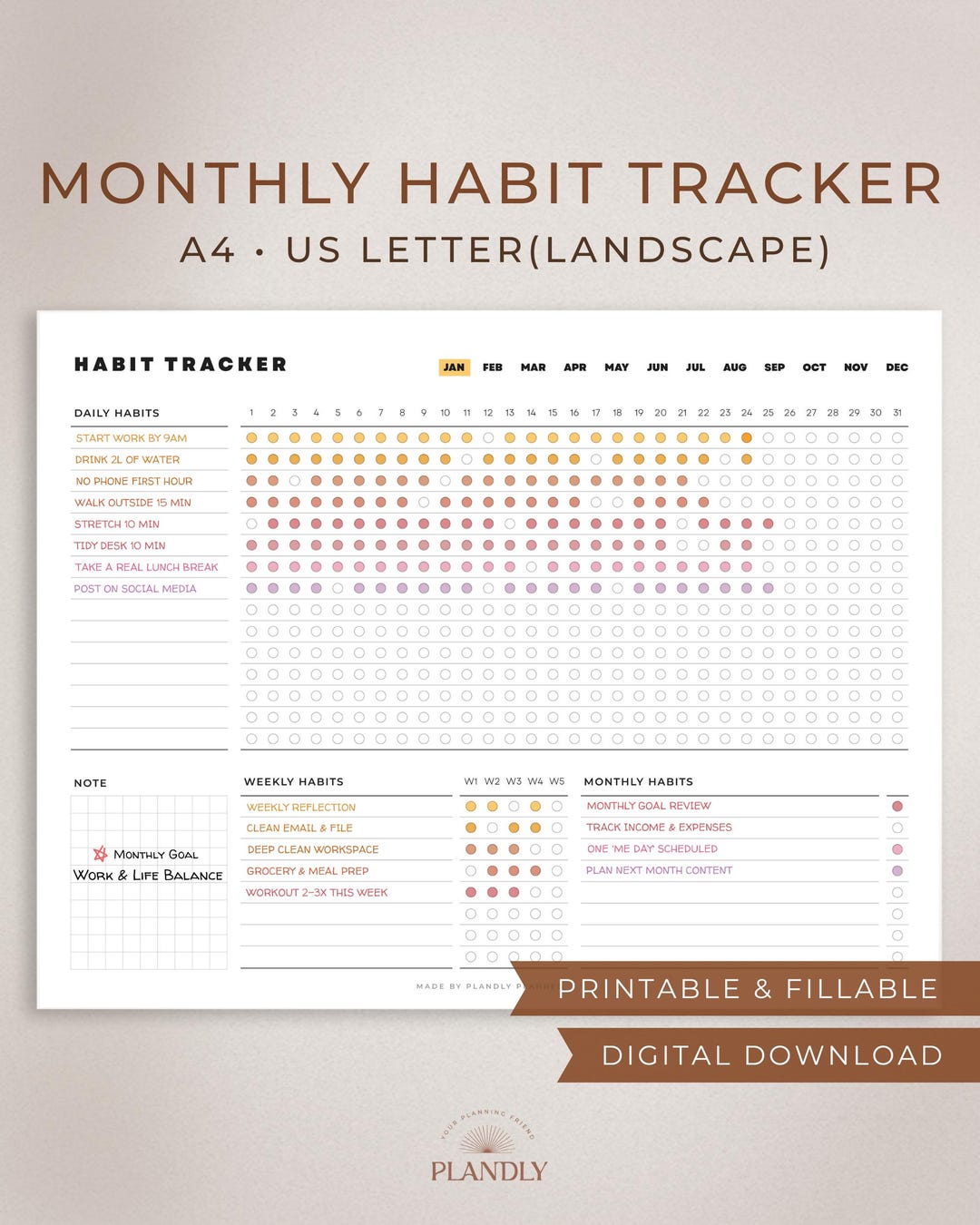 Monthly Habit Tracker Printable Landscape PDF Minimalist Routine ...